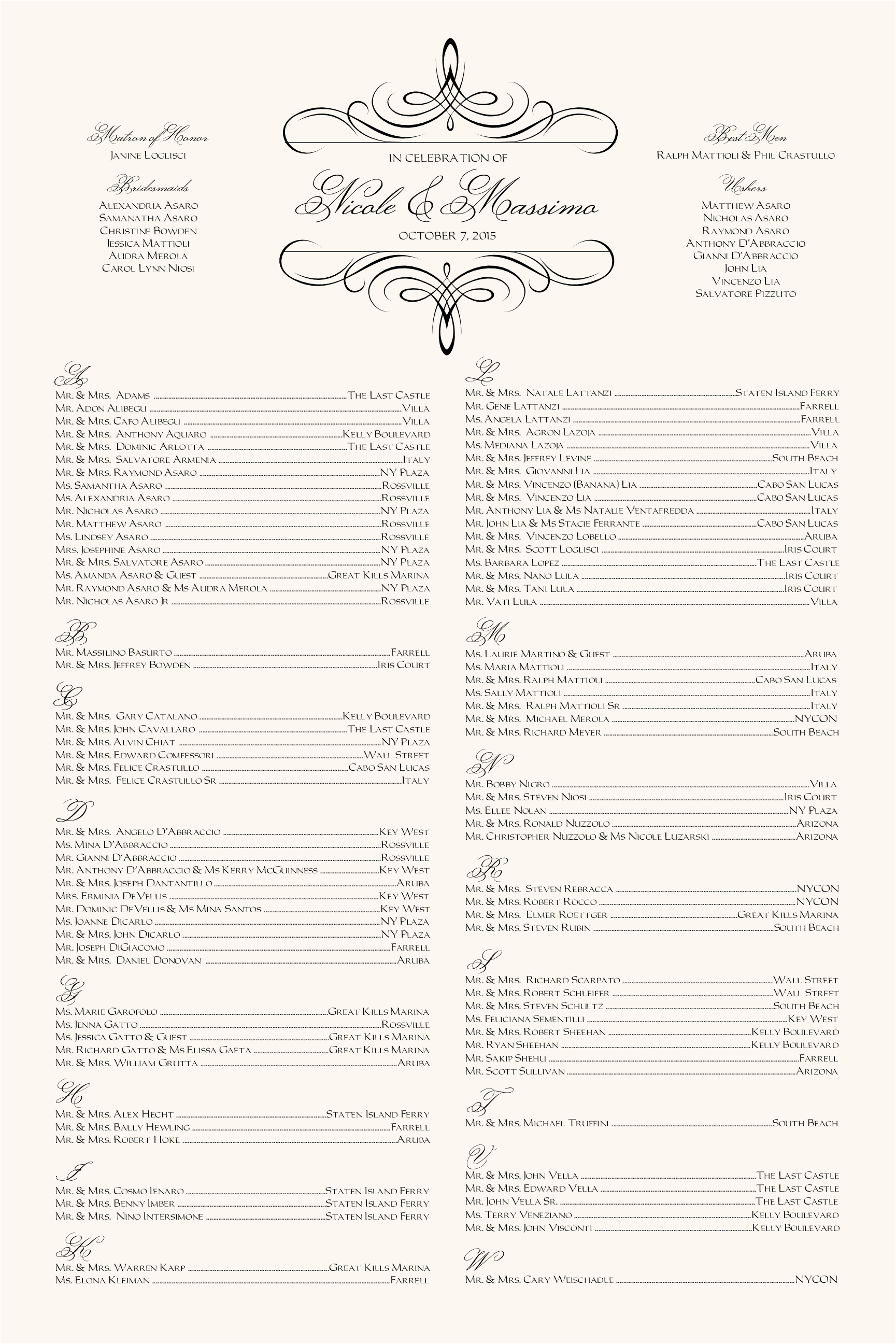 Flourish Monogram 10 Wedding Seating Chart | Contemporary Reception Seating Arrangement Chart ...